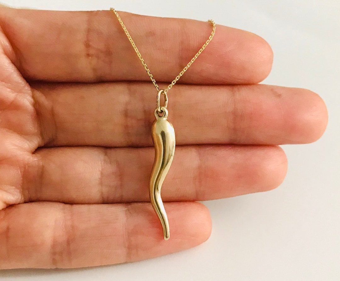 14K Real Gold 3D Italian Horn 33mm/ 1.3 Pendant, Dainty 14k Solid Gold ...