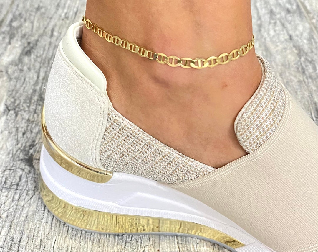10K SOLID Gold 4mm Anklet Bracelet, 10K Gold Solid Mariner Anklet 9 Inch, 10k Real Gold Anklet ...