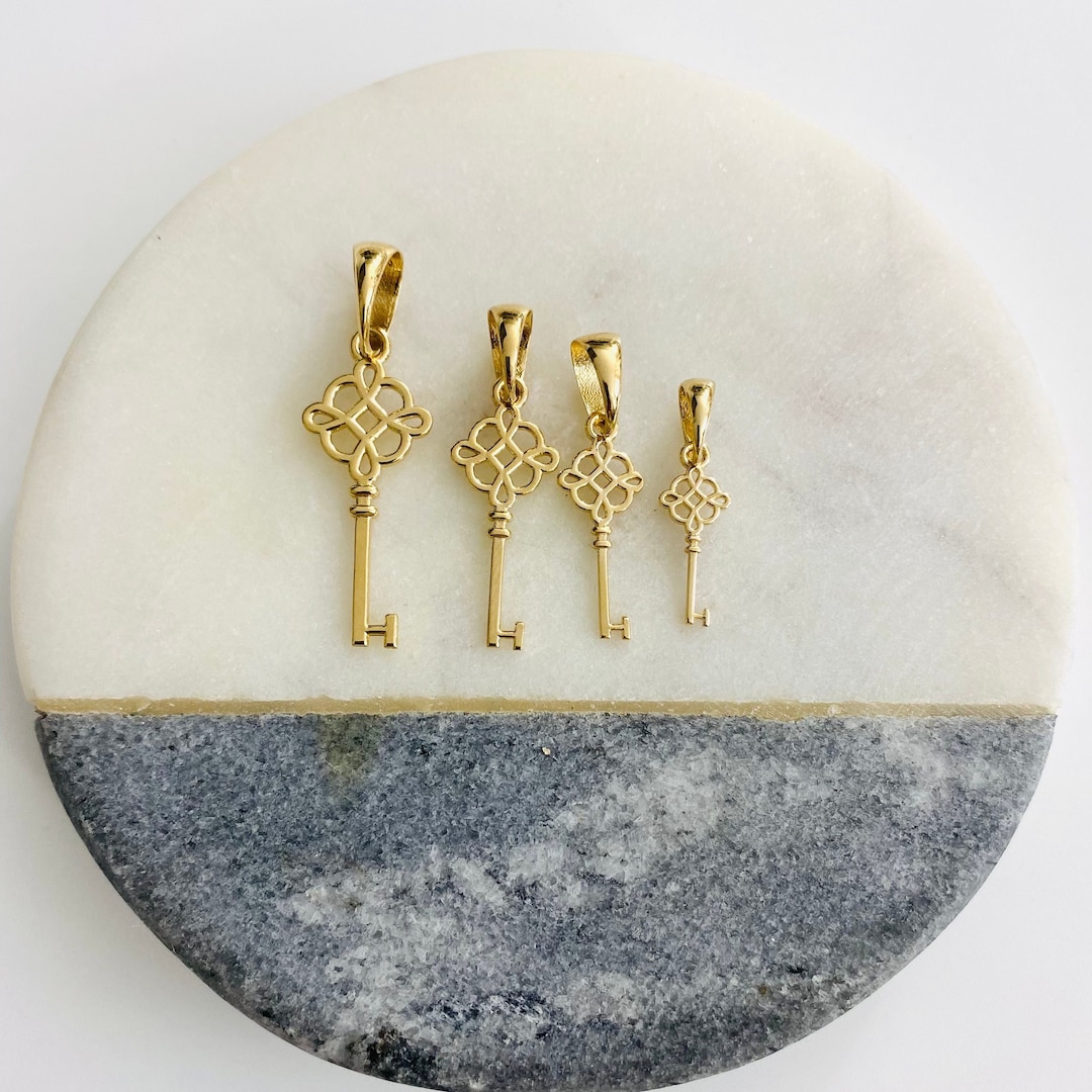 14K Solid Gold Infinity Knot Key Charm Pendant, 14k Gold Key Luck Charm ...