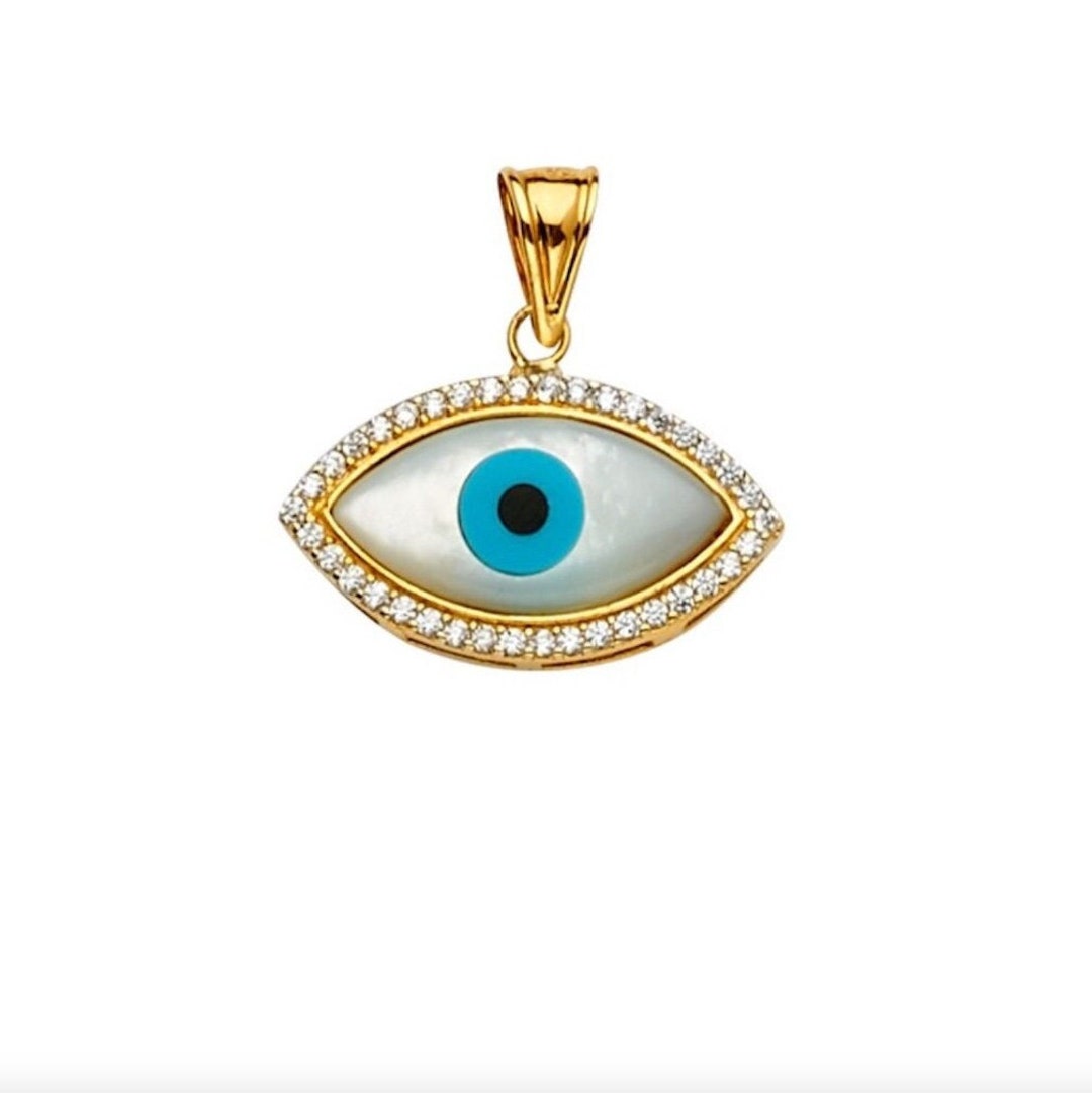 14K Solid Gold Evil Eye 20mm/0.78, Mother of Pearl Cz Evil Eye Pendant ...