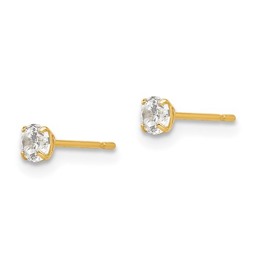 14K Solid Gold 3mm Round Post, 14K Gold Simulated Diamond Earrings ...