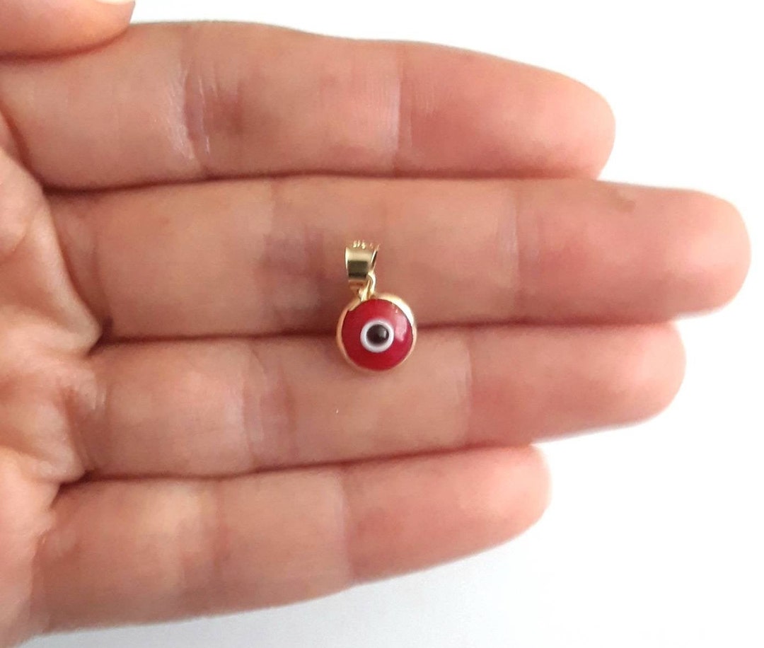 14K Solid Gold Red Evil Eye 8mm Pendant, Dainty Evil Eye, Small 14k ...