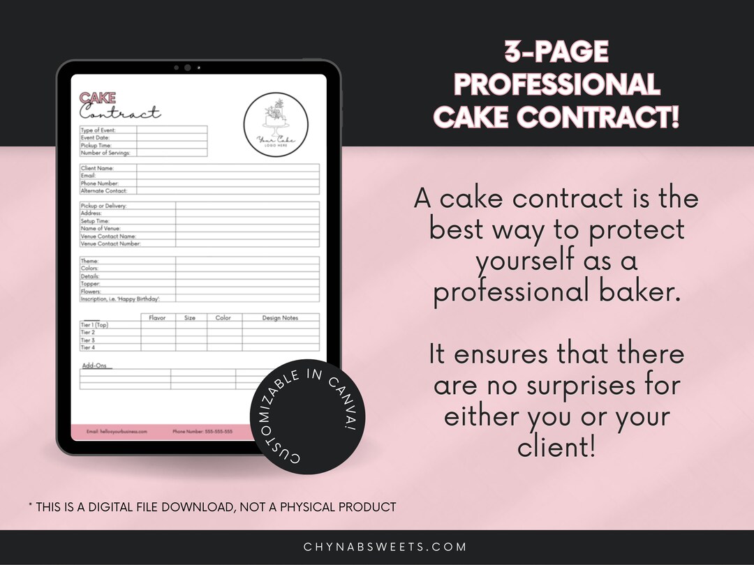 Professional Wedding Cake Contract Template | Digital Cake Order Form ...