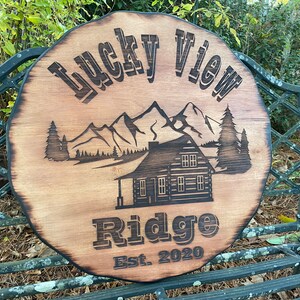 Personalized Mountain Cabin Wood Sign - Round Outdoor Address Sign ...