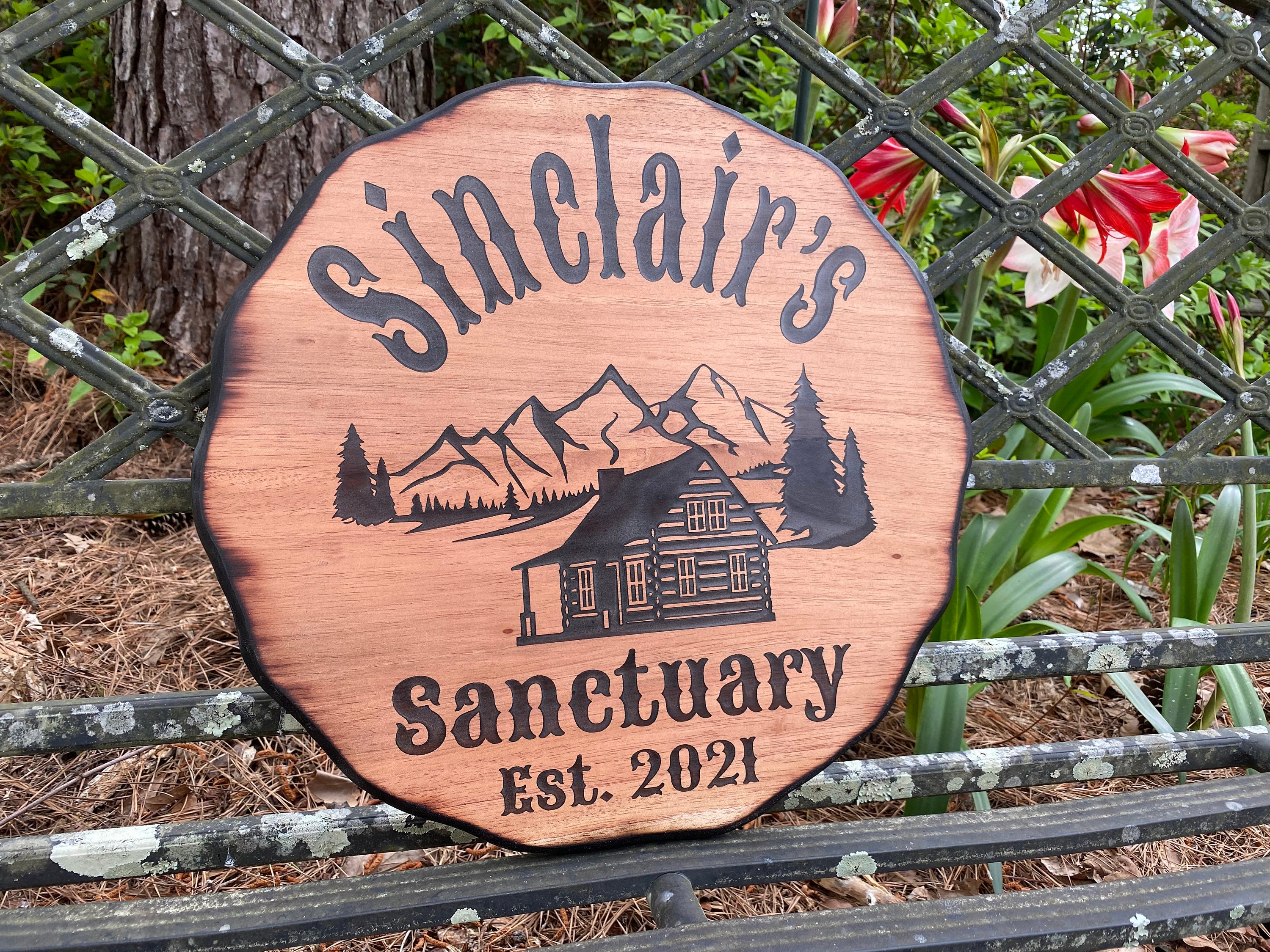 Personalized Mountain Cabin Wood Sign - Round Outdoor Address Sign ...