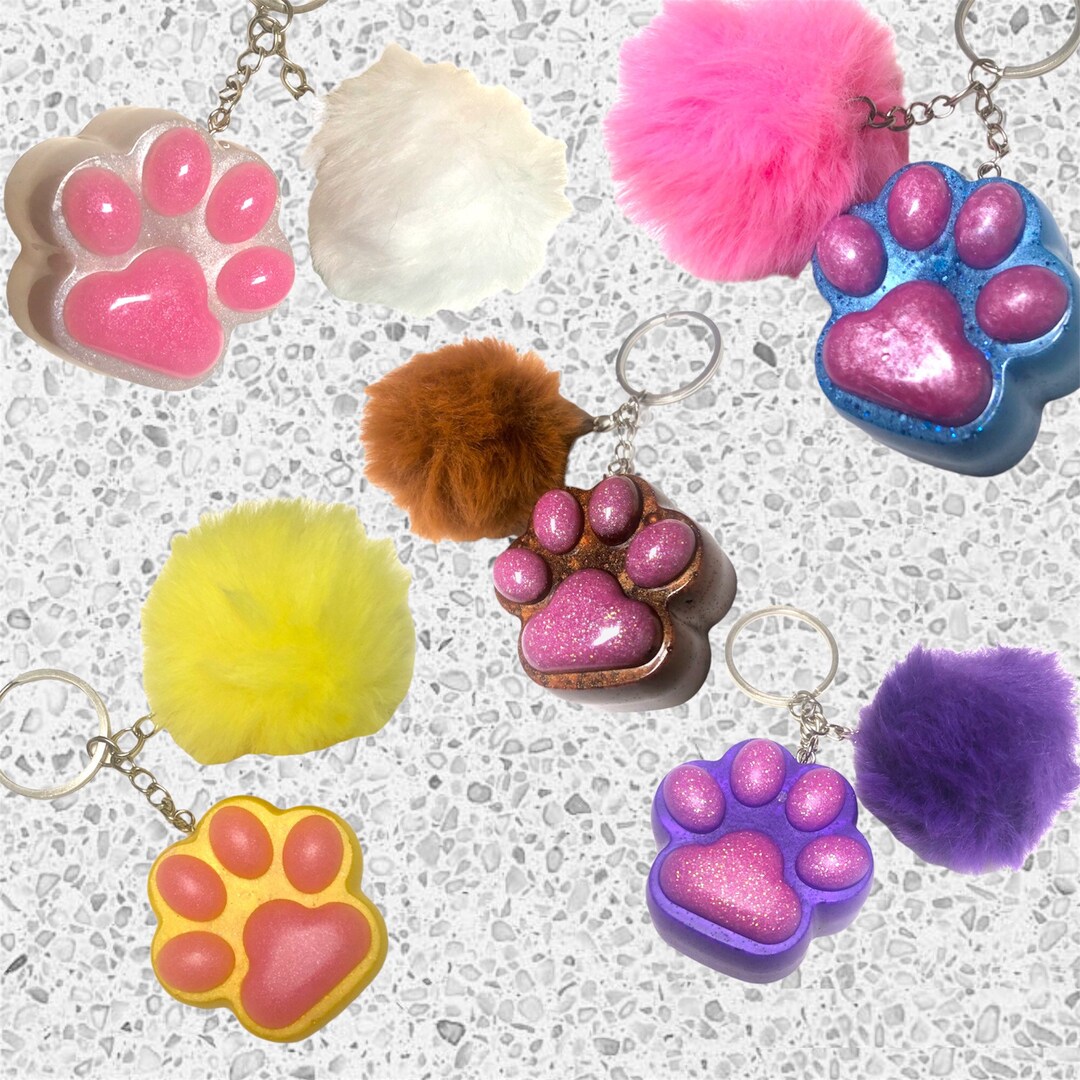 Large Colorful Paw Keychains With Fluffy Pom Poms - Etsy