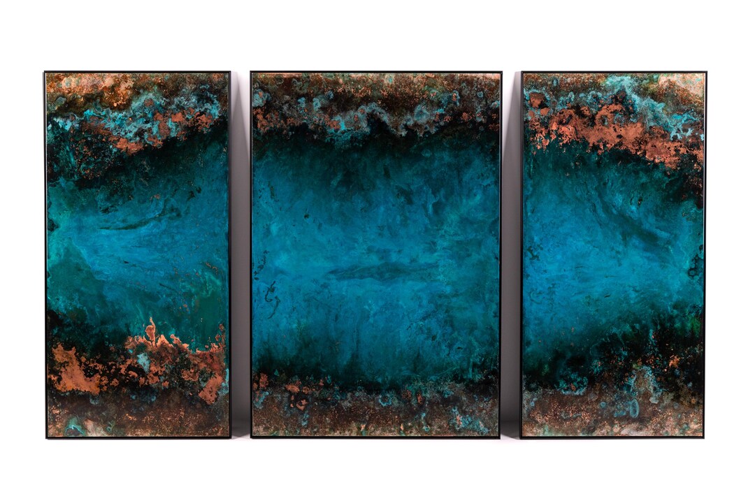 Handcrafted 3-piece Patinated Copper Wall Art – Unique Turquoise Metal ...