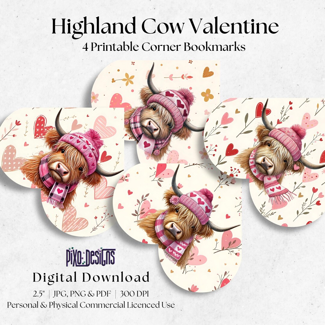 Highland Cow Valentine Corner Bookmarks for Instant Print | Highland ...