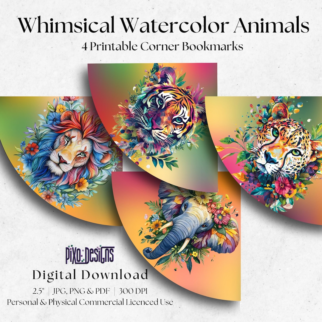Whimsical Watercolor Safari Animals Corner Bookmarks | Corner Bookmark ...