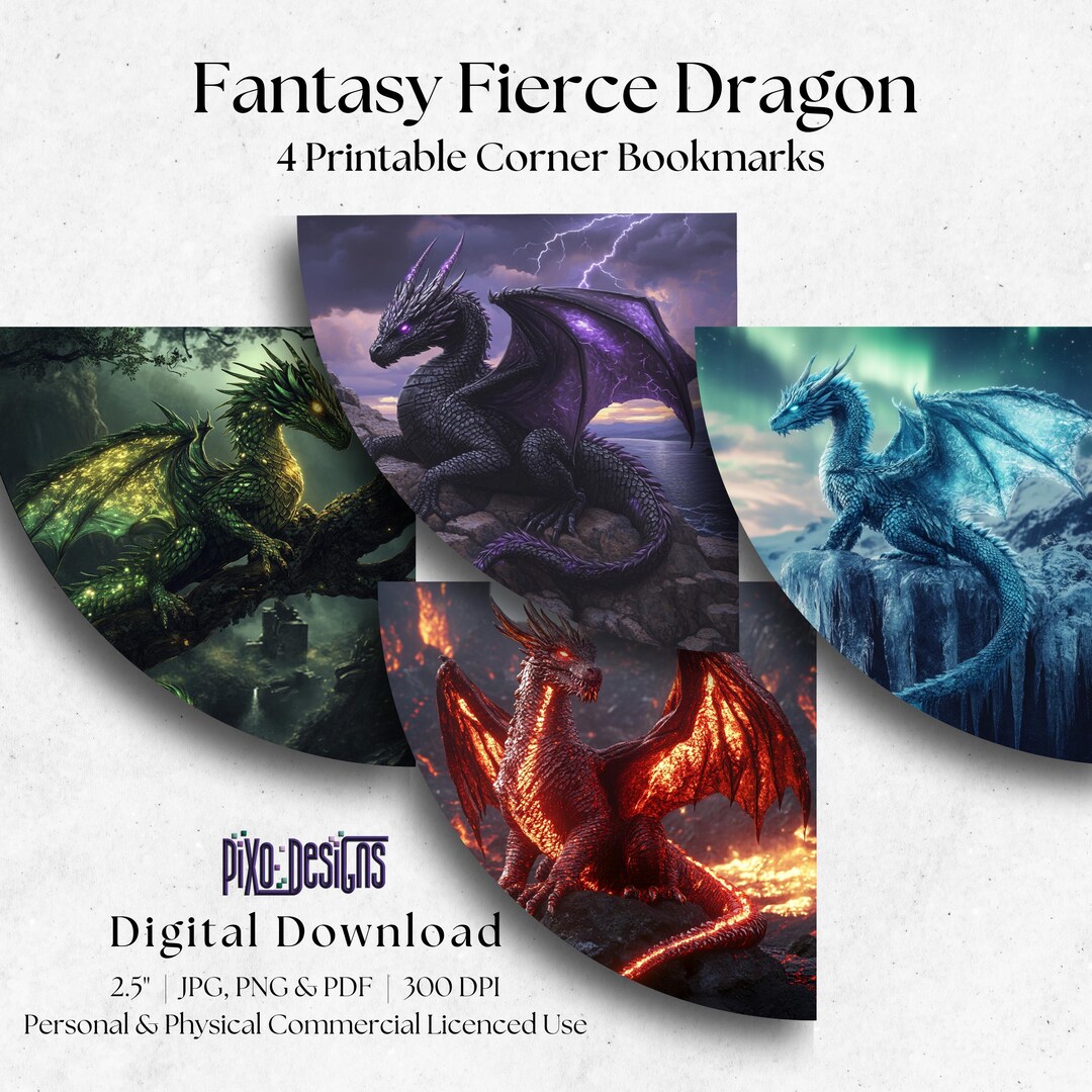 Printable Fantasy Fierce Dragon Corner Bookmarks | Corner Bookmark ...