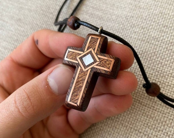Handcrafted Wooden Cross With Copper & Mother-of-pearl Inlays - Unique ...