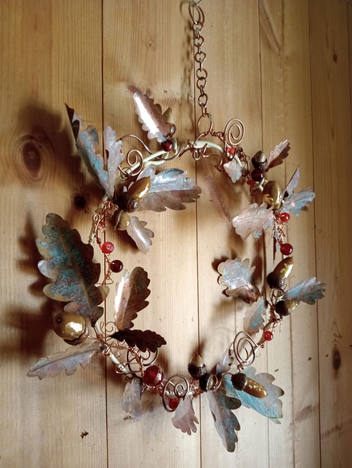 Copper Oak Leaf Wreath - One off Hand Made With Acorns and Glass Beads ...