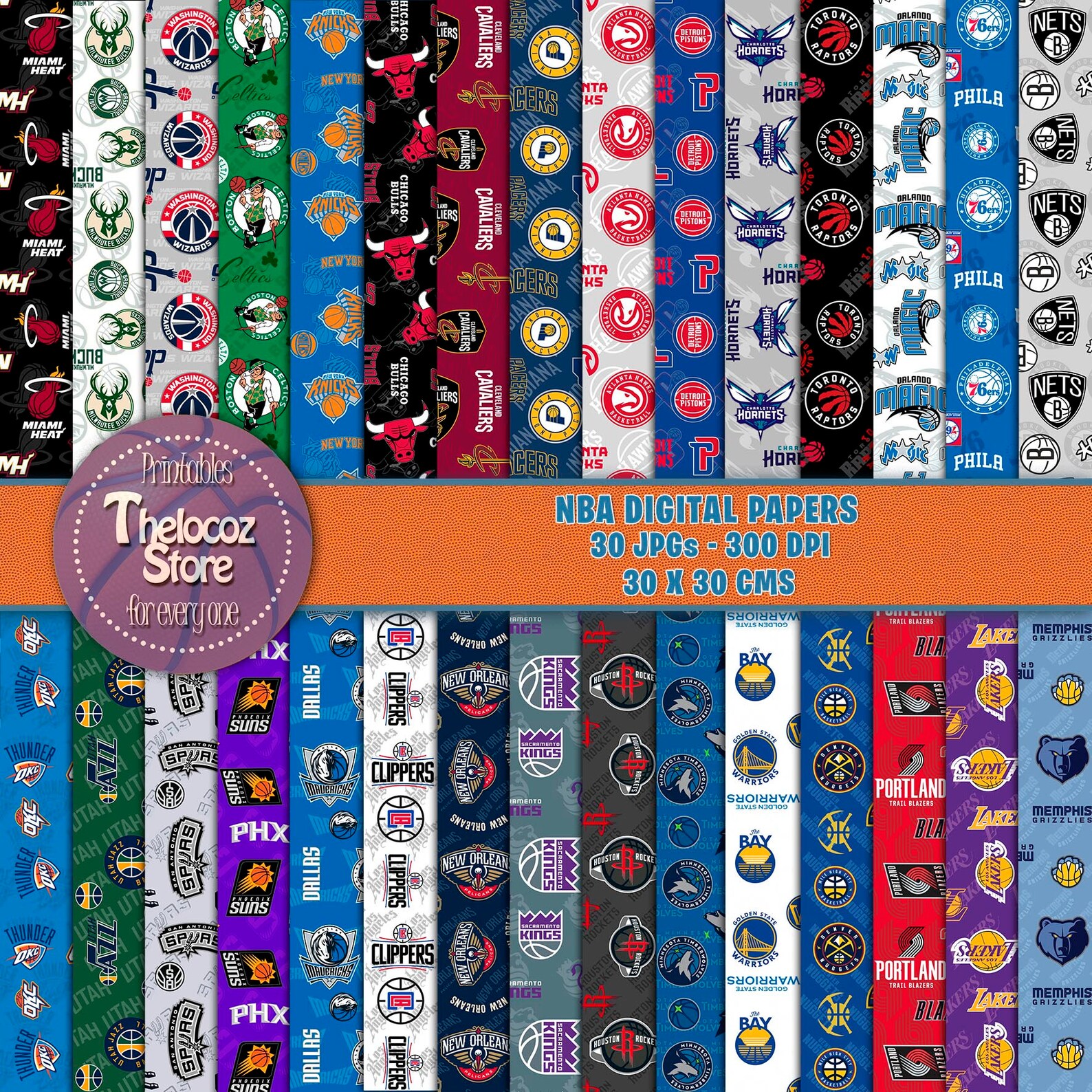 NBA digital paper scrapbook NBA pattern. 30 teams 30 x 30 | Etsy