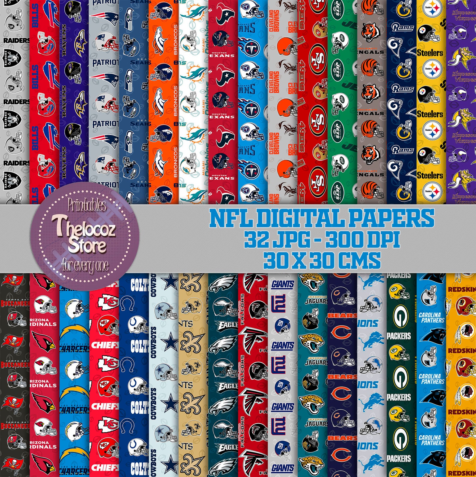 NFL digital paper scrapbook NFL pattern. 32 teams 30 x 30 | Etsy