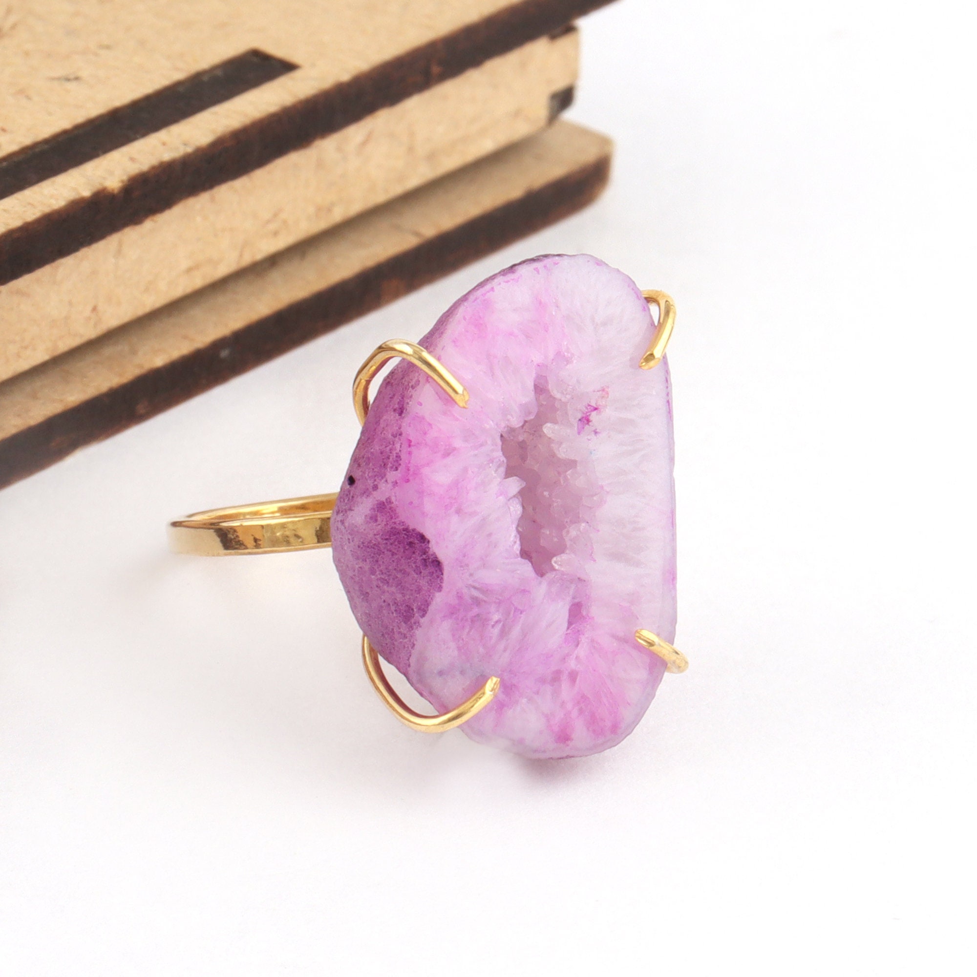 Big Size Geode Ring Pink Real Geode Druzy Gold Plated | Etsy