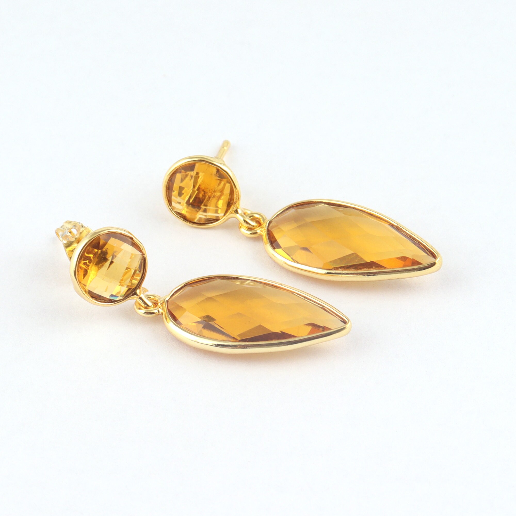 Bezel Set Earring, Checker Cut Hydro Quartz 24k Gold Plated Drop Dangle ...