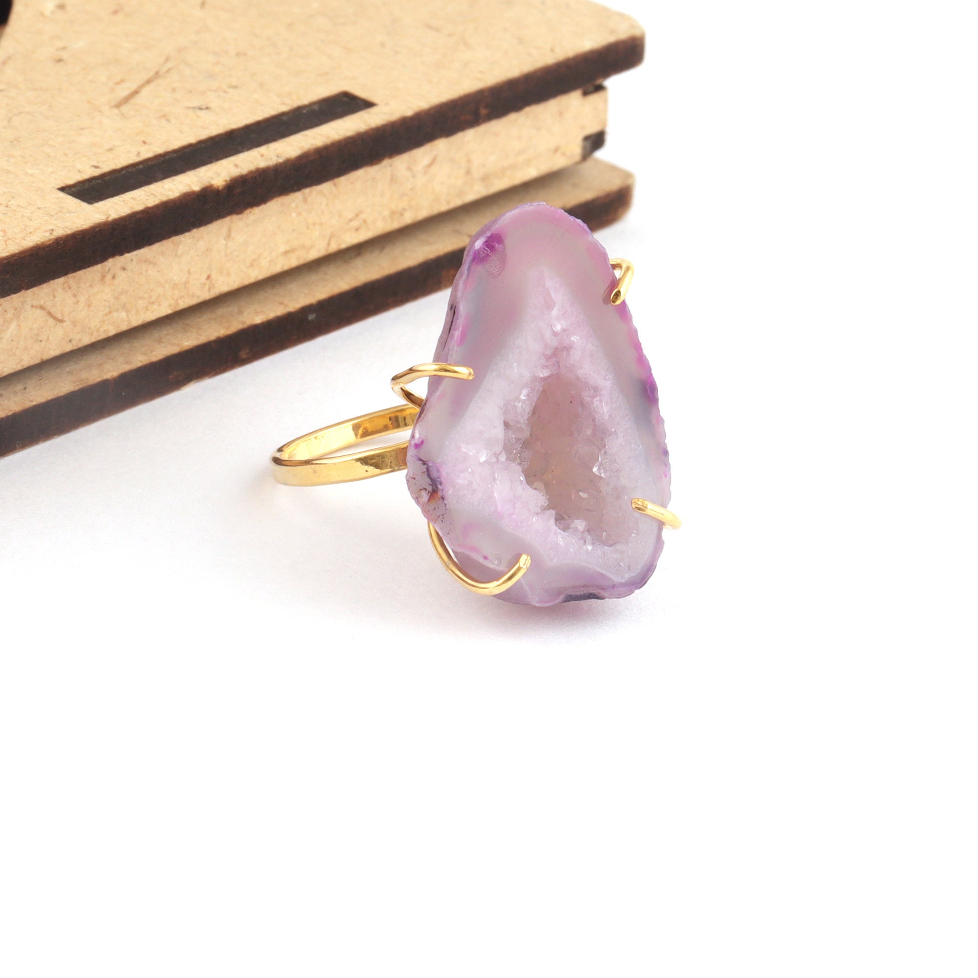Big Size Geode Ring Pink Real Geode Druzy Gold Plated | Etsy