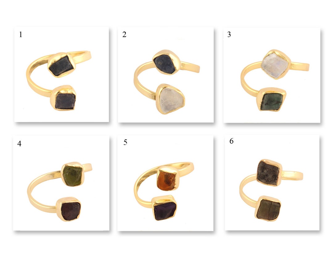 Open Ring Choose Your Birthstone Raw Birthstone Ring | Real Raw Gemstone Gold Plated Adjustable ...