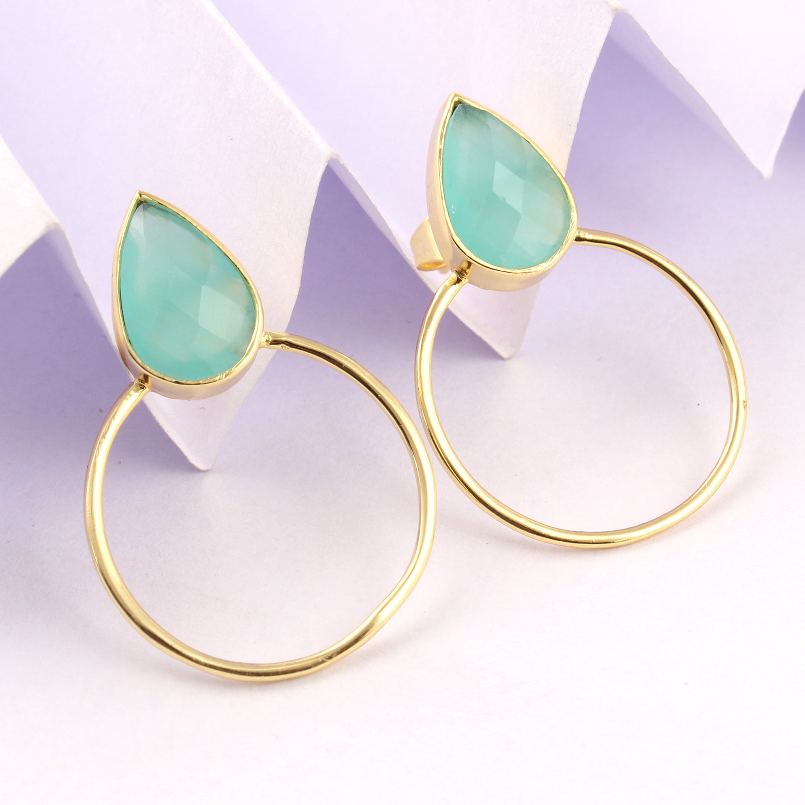 Chalcedony Earrings, Gold Plated Hoops Earrings, Gift for Her, Bali ...