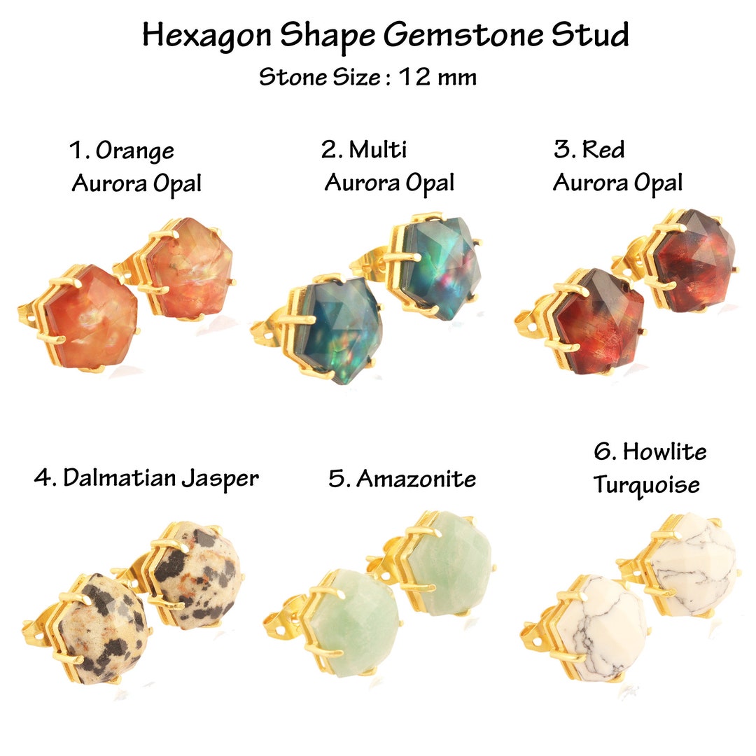 Gold Plated Hexagon Stud Earrings: Howlite Turquoise, Jasper, Opal - Etsy