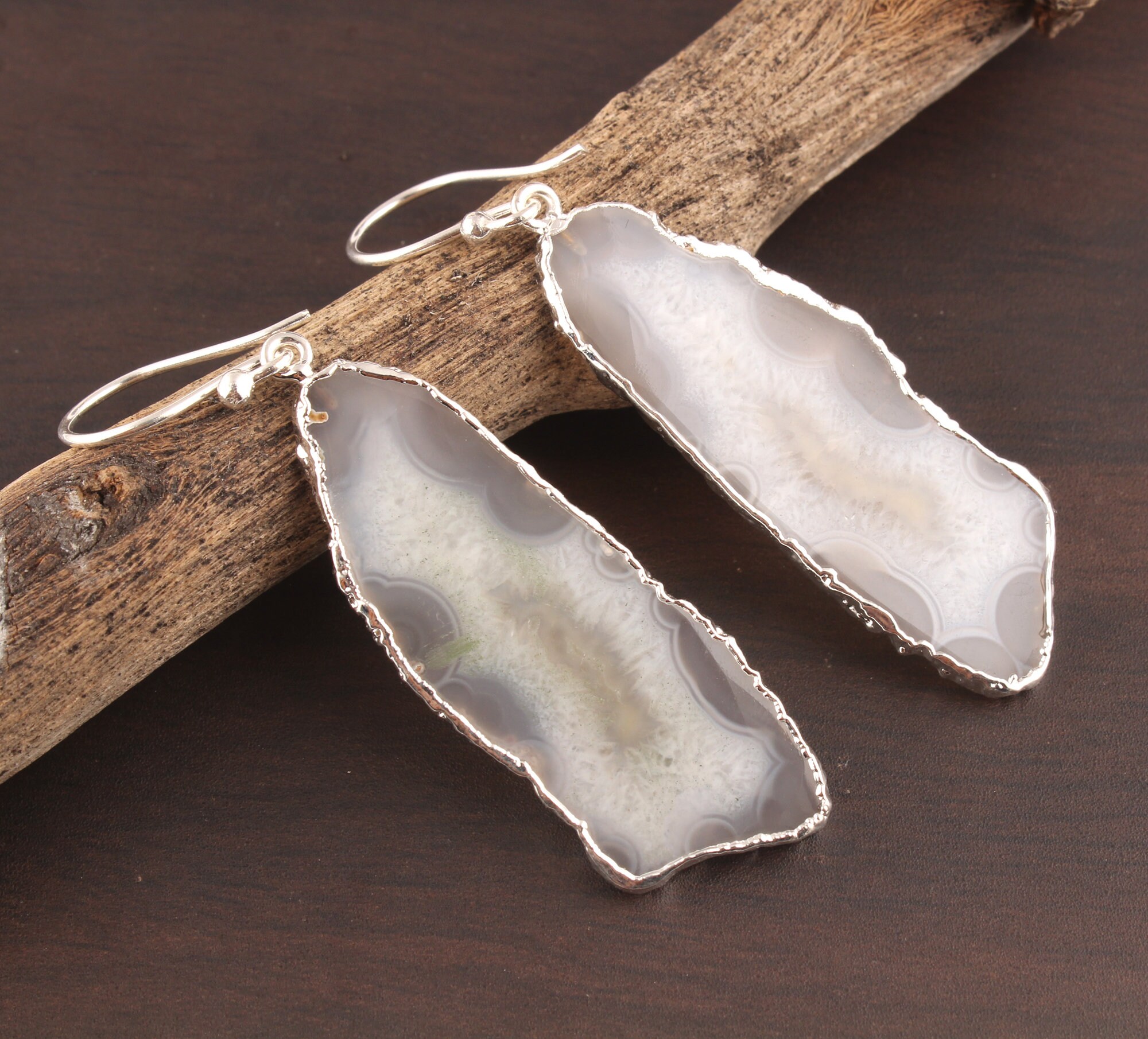 Natural Agate Geode Slice Silver Plated Drop Earrings Agate | Etsy