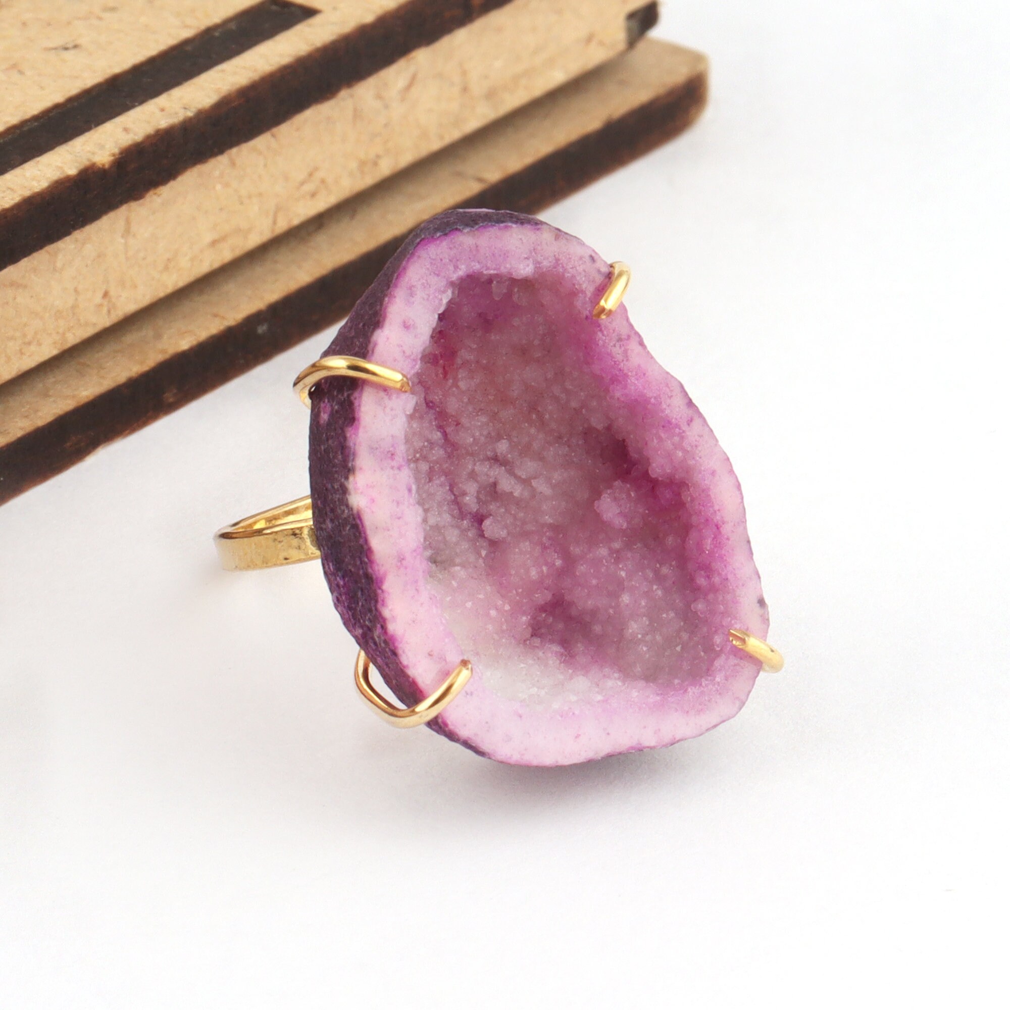 Big Size Geode Ring Pink Real Geode Druzy Gold Plated | Etsy