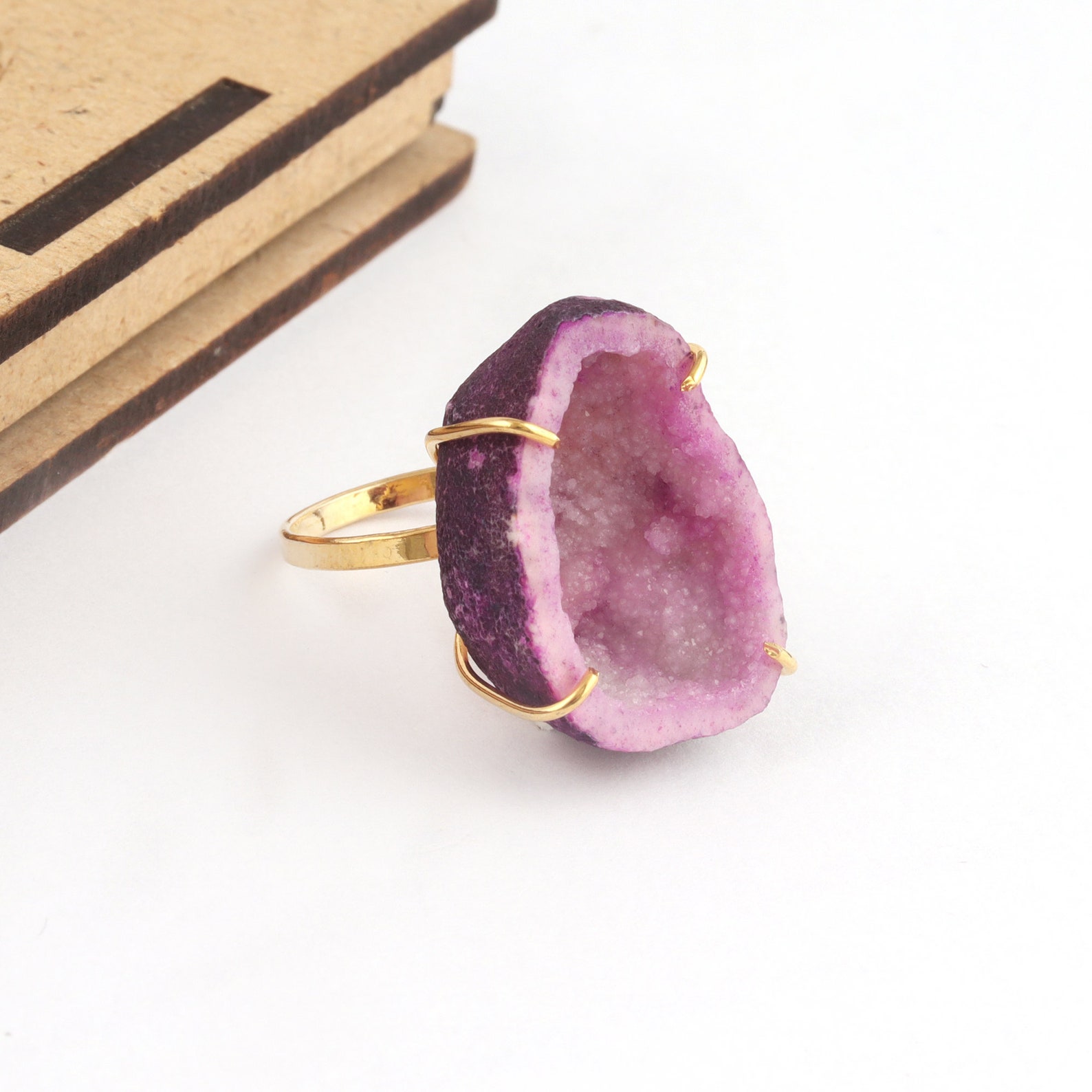 Big Size Geode Ring Pink Real Geode Druzy Gold Plated | Etsy