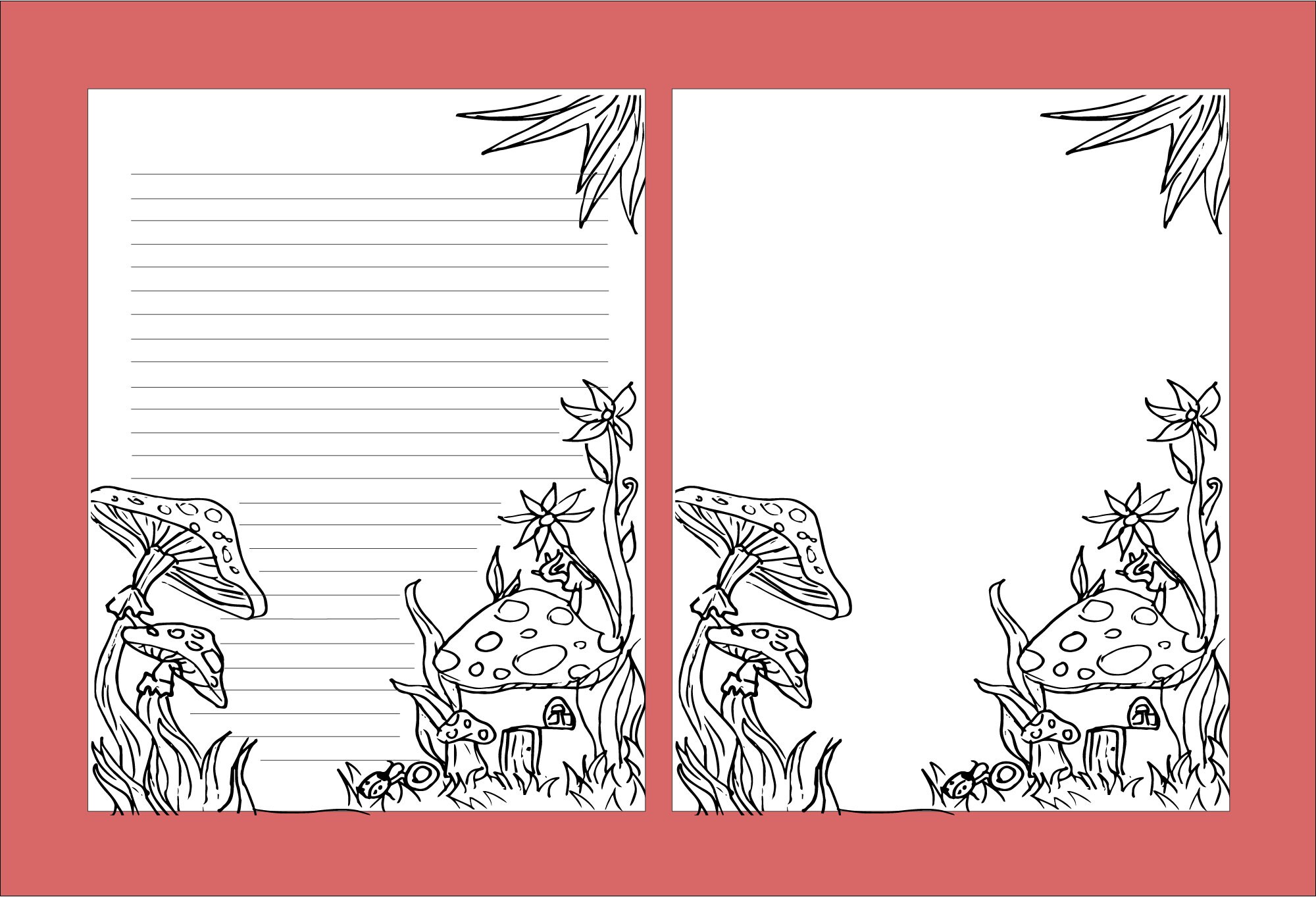 Coloring Mushroom Writing Paper Set ,nature Stationery Set Printable ...