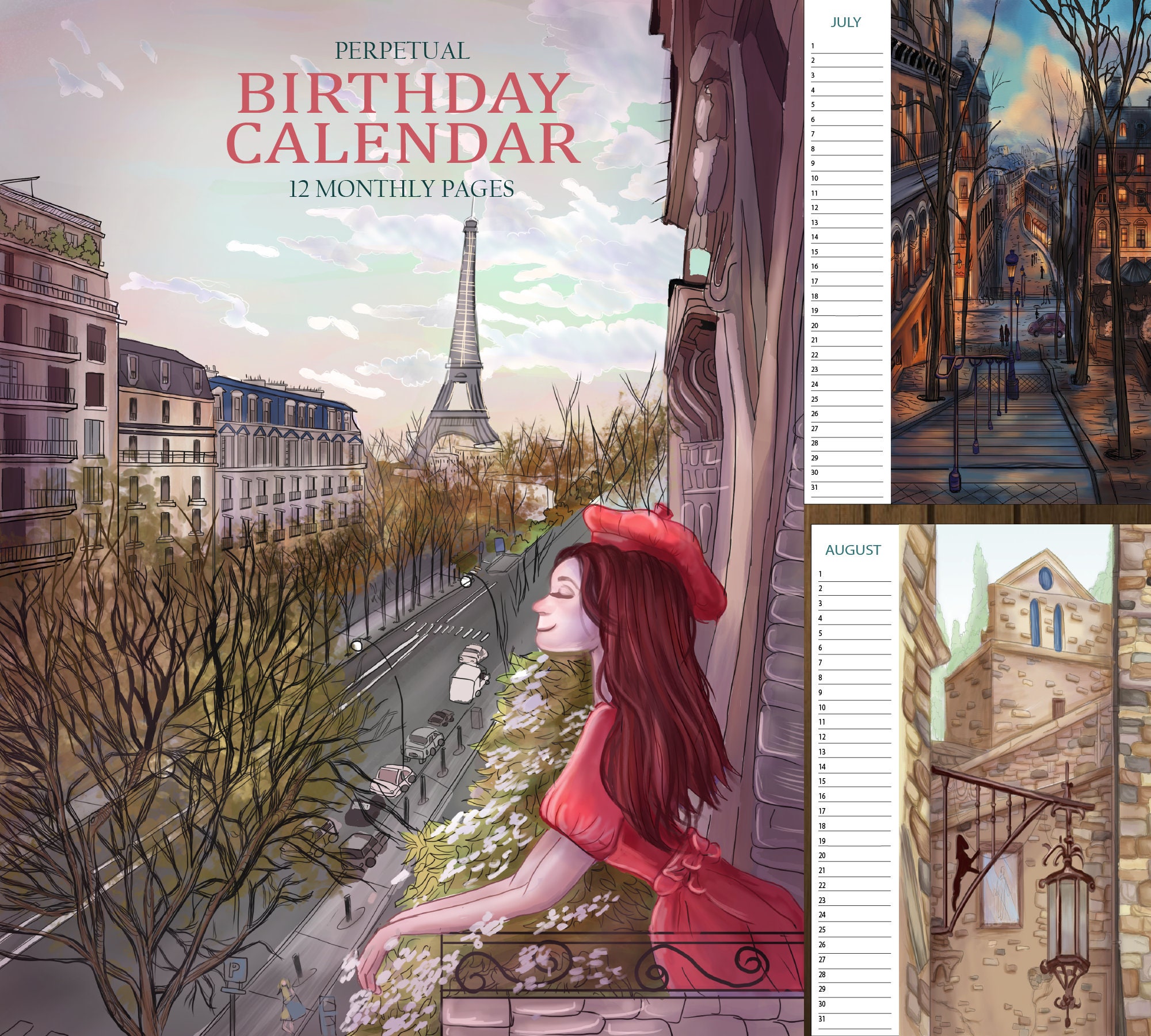 Perpetual Birthday Calendar Printable , Illustrated 12 Month Calendar ...