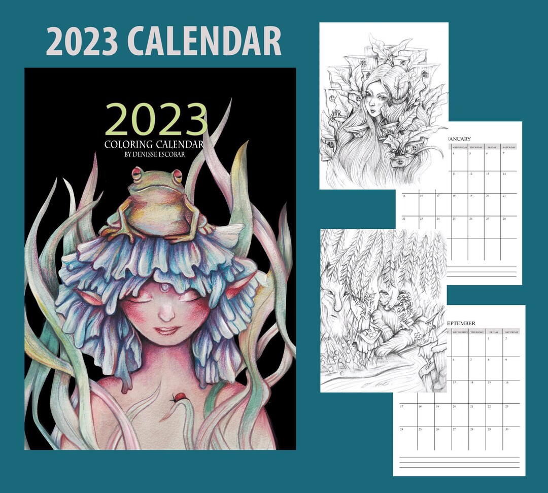 Coloring Calendar 2023 Printable , Adult Coloring Calendar , Grayscale ...