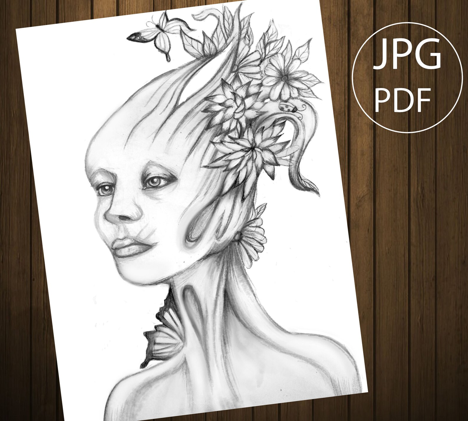 Woodland nymph grayscale coloring page printable coloring - Etsy.de