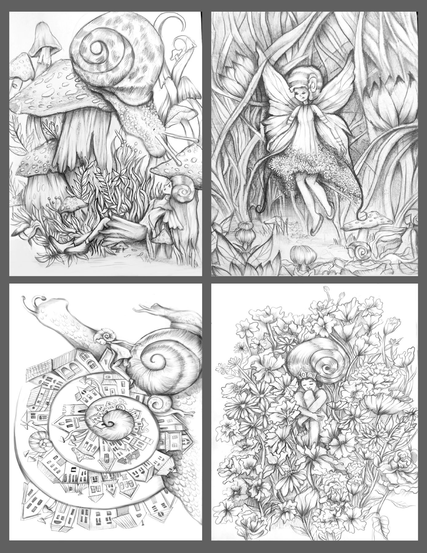 Snail Fairy Coloring Book Pdf Grayscale Coloring Books for - Etsy