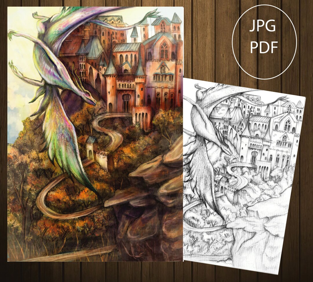 Fantasy Landscape Coloring Page , Grayscale Dragon Coloring Art , Adult ...