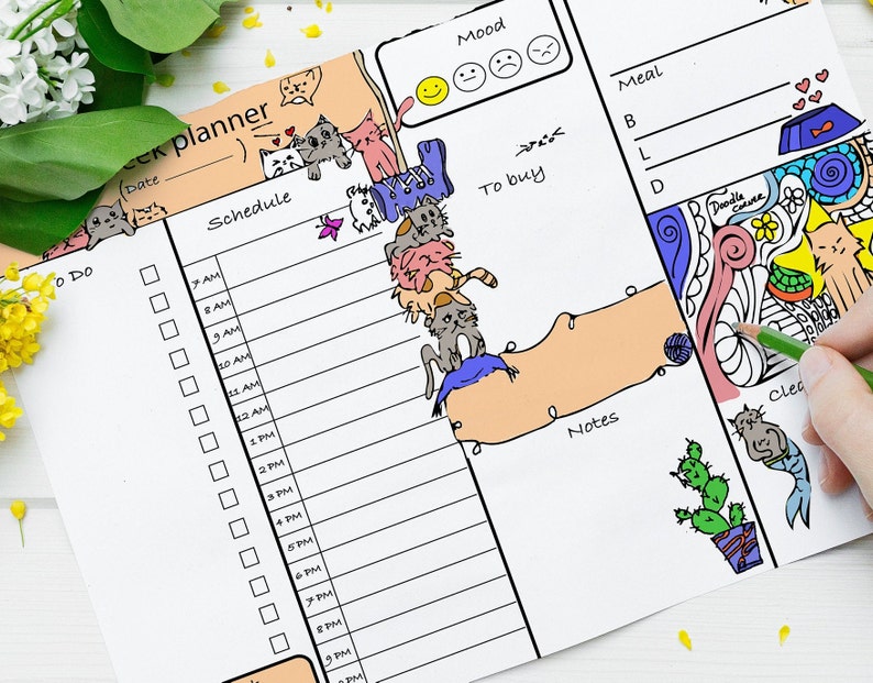 Doodle Planner Printable Cat Coloring Daily Planner - Etsy