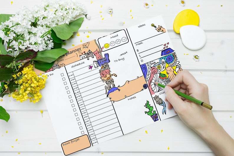 Doodle Planner Printable , Cat Coloring Daily Planner , Coloring Weekly ...