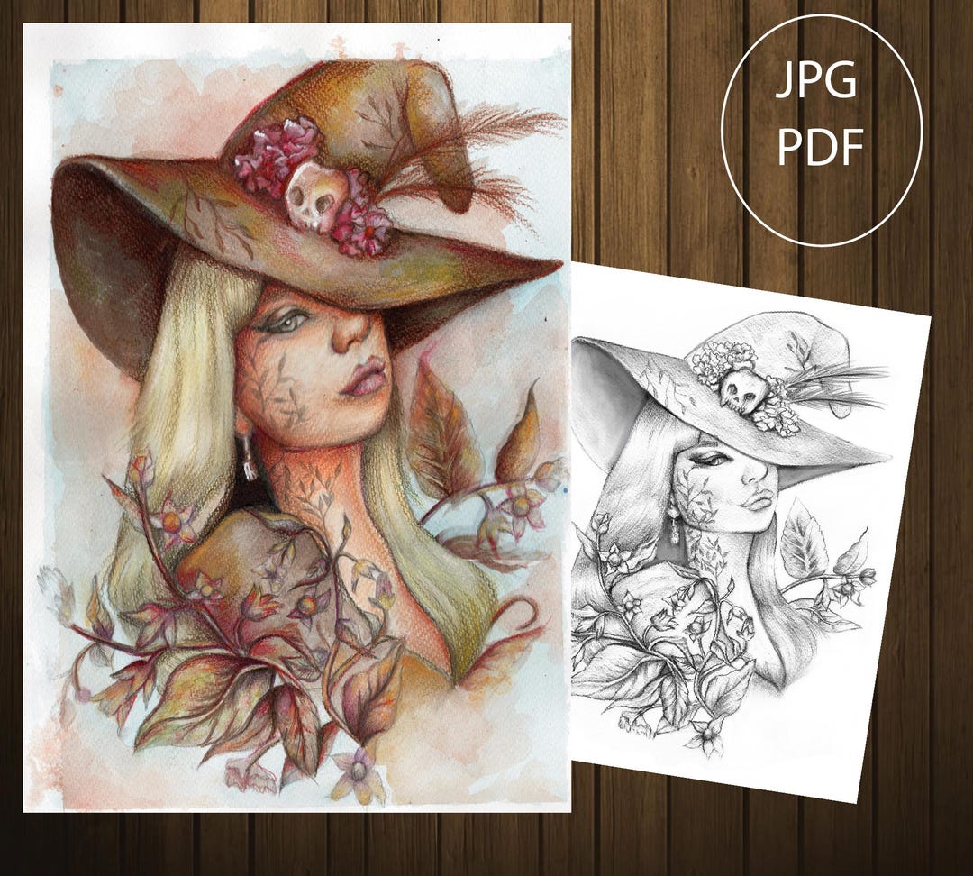 Witch Portrait Coloring Page , Grayscale Halloween Illustration ...