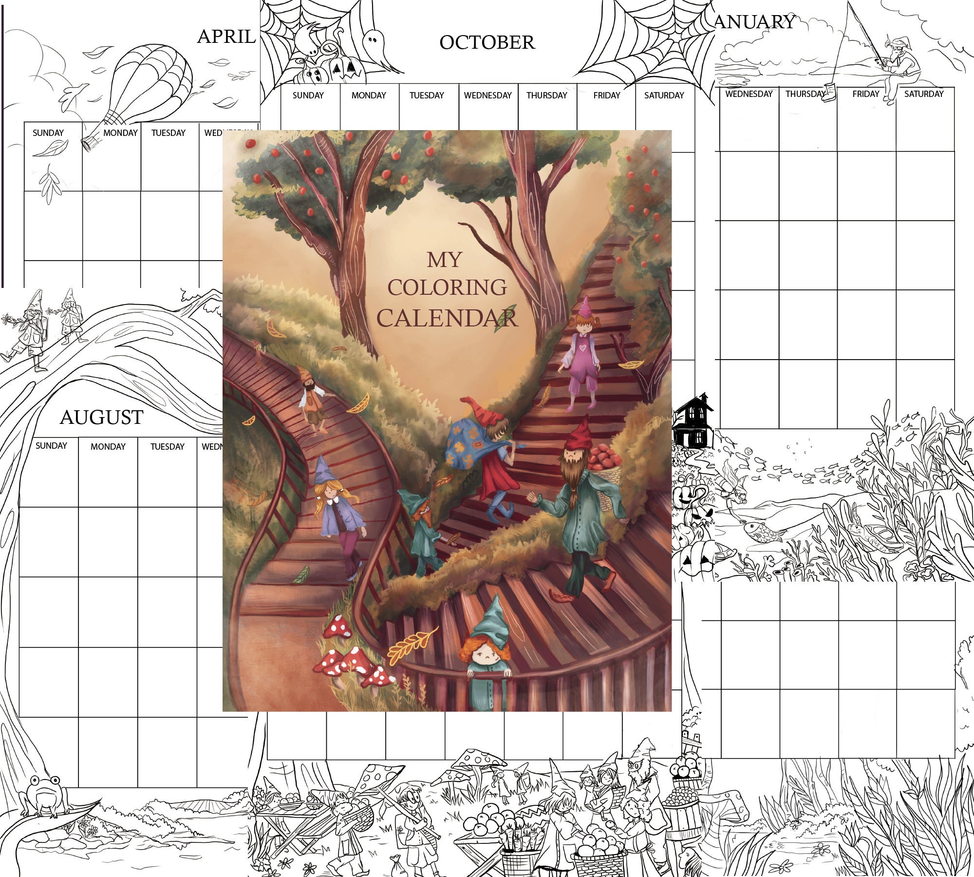 Perpetual Coloring Calendar Printable , Gnomes Undated Calendar ...
