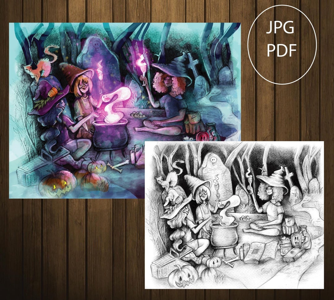 Coloring Page: Witches Camping in the Woods - Grayscale - PDF Download ...