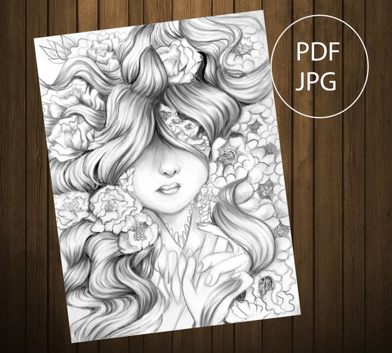 Grayscale Adult Coloring Pages Printable Fantasy Portrait | Etsy