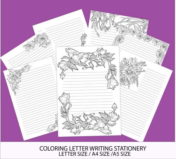 Coloring Letter Writing Stationery Printable Floral Lined - Etsy
