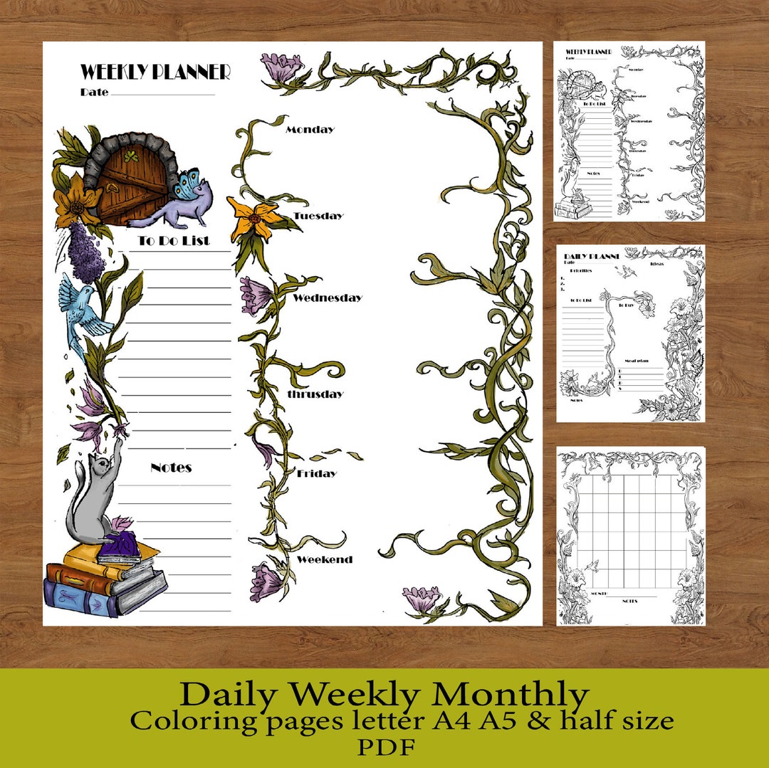 Daily Weekly Monthly Planner , Coloring Planner Printable , Undated ...