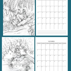 Coloring Calendar 2023 Printable , Adult Coloring Calendar , Grayscale ...