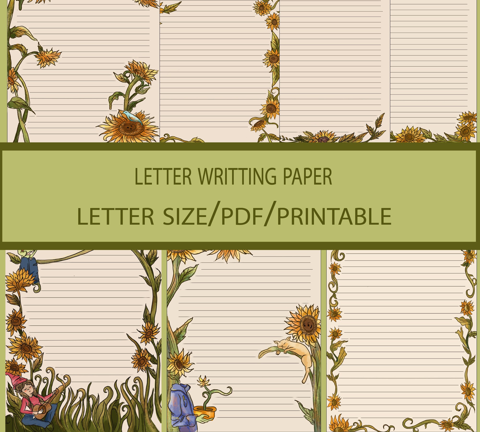 Sunflower Lined Writing Paper ,printable Stationary Paper , Nature ...