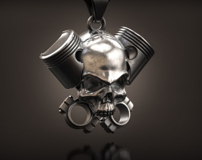 Piston and Skull Pendant, Biker Pendant, Mens Motorcyle Pendant, Engine ...