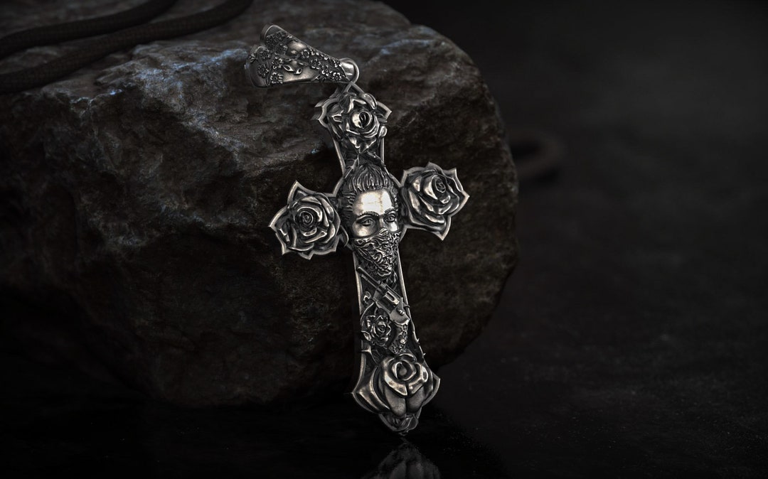 Chicano Cross Pendant, Tattoo Style Pendant, Flower Pattern Cross ...