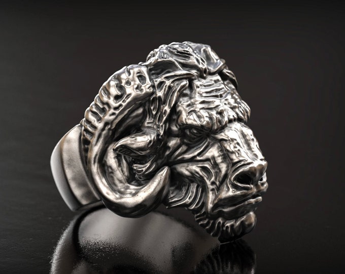 Silver Bison Ring, Bison Head Ring, Ram Head Ring, Men Jewelry, Large ...