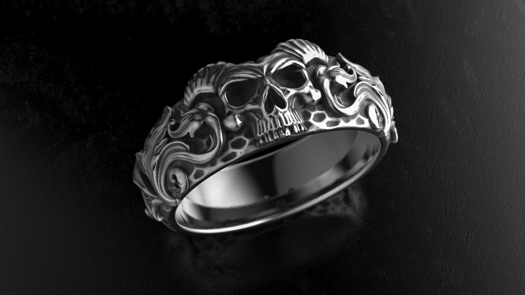 Horned Skull Ring, Baroque Pattern Ring, Punk Ring, Biker Ring, Man ...