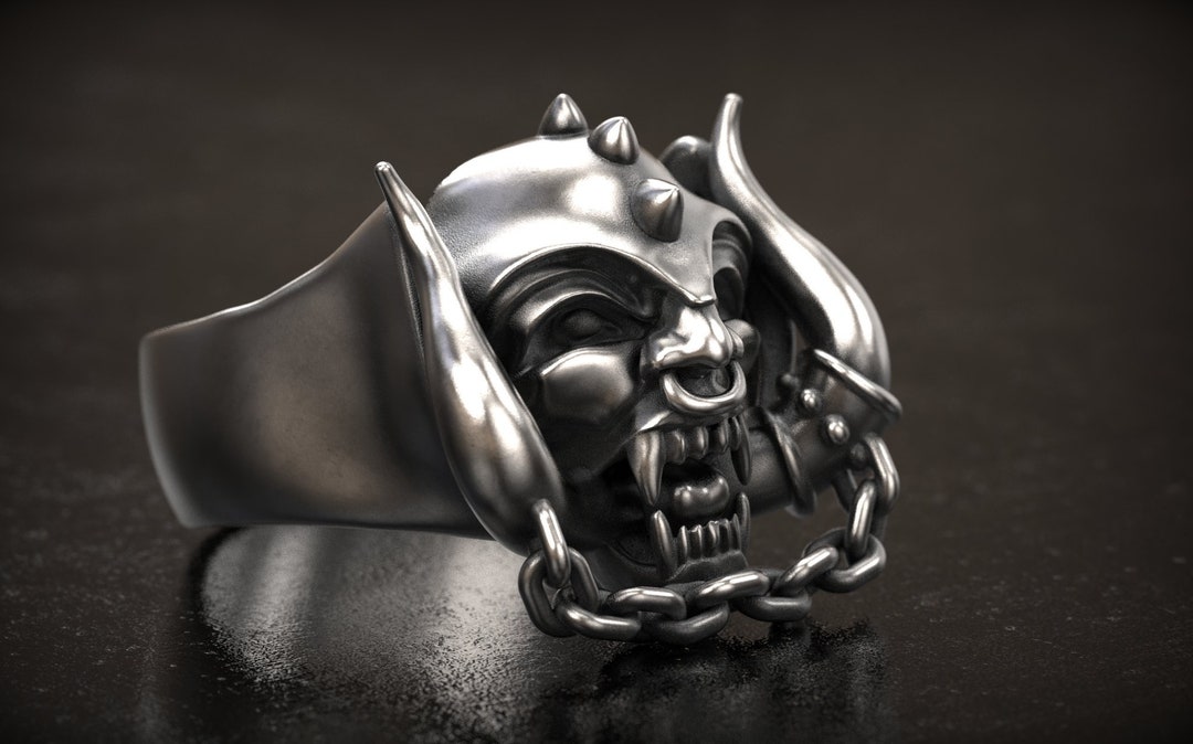 Motorhead Lemmy Mens Ring War Pig Gothic Bull Horns Chains Silver ...