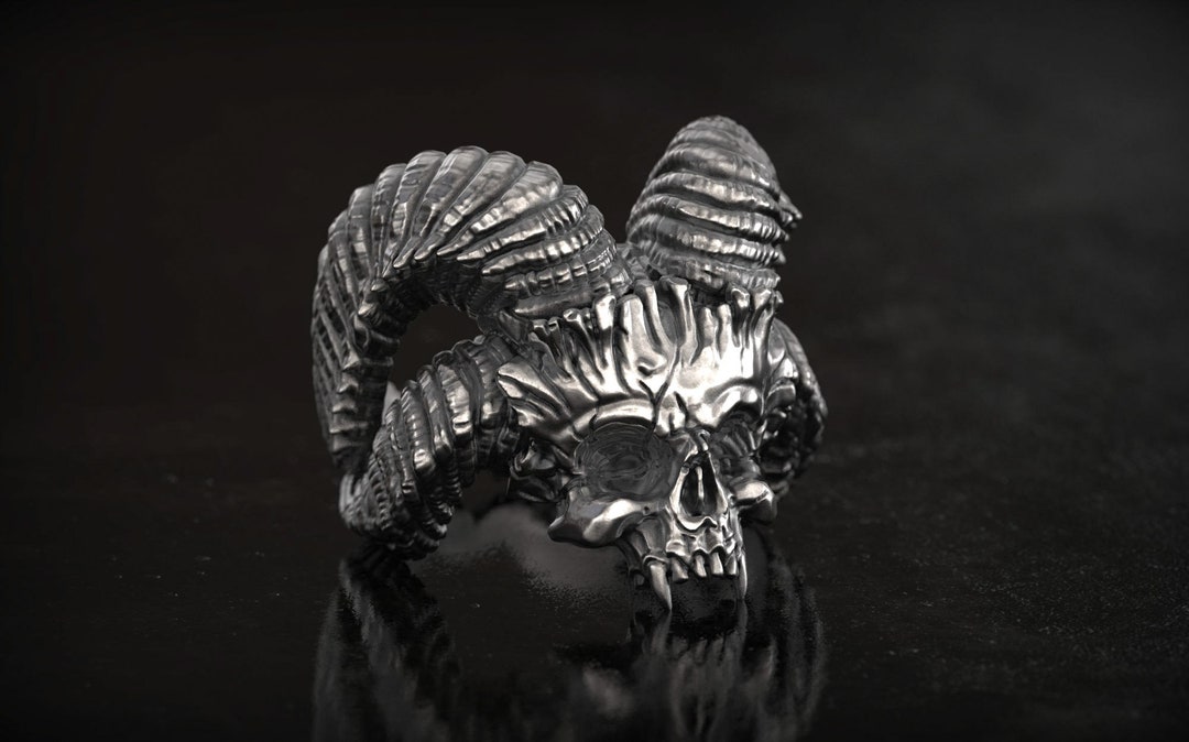 Horned Skull Ring , Demon Skull, Biker Ring , Man Ring ,evil Skull Ring ...