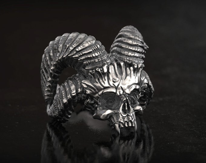 Horned Skull Ring , Demon Skull, Biker Ring , Man Ring ,evil Skull Ring ...
